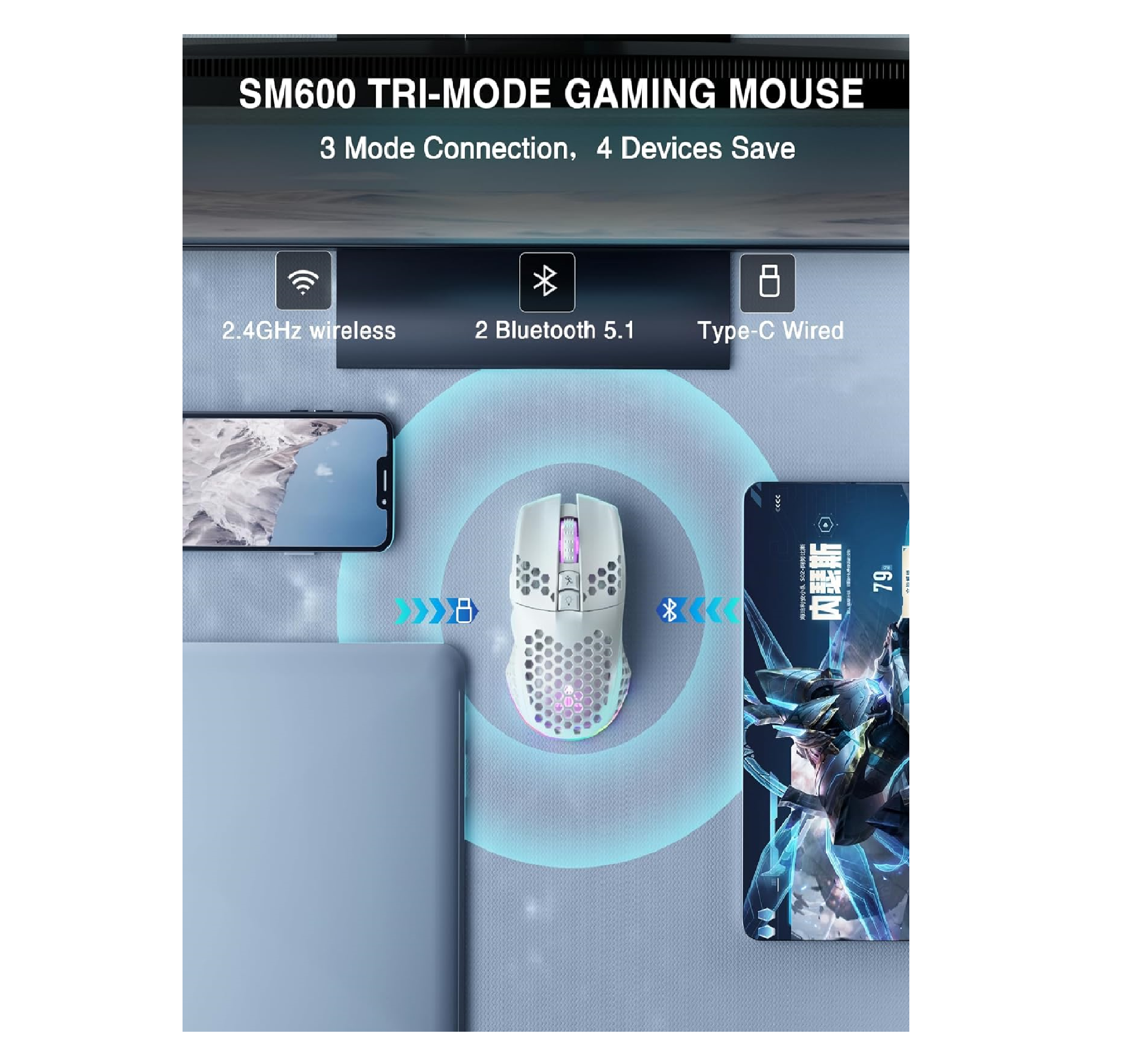 SOLAKAKA SM600 Wireless Gaming Mouse - White - CS Net Games